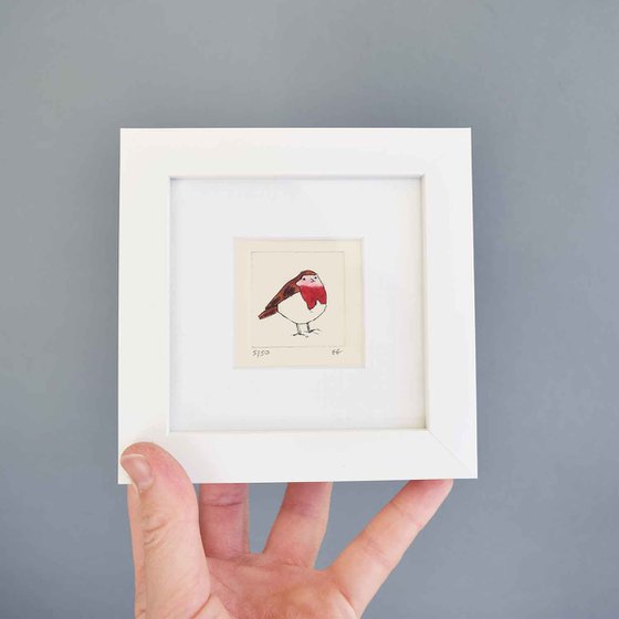 Mini framed robin Collagraphs: Sally Fisher | Artfinder