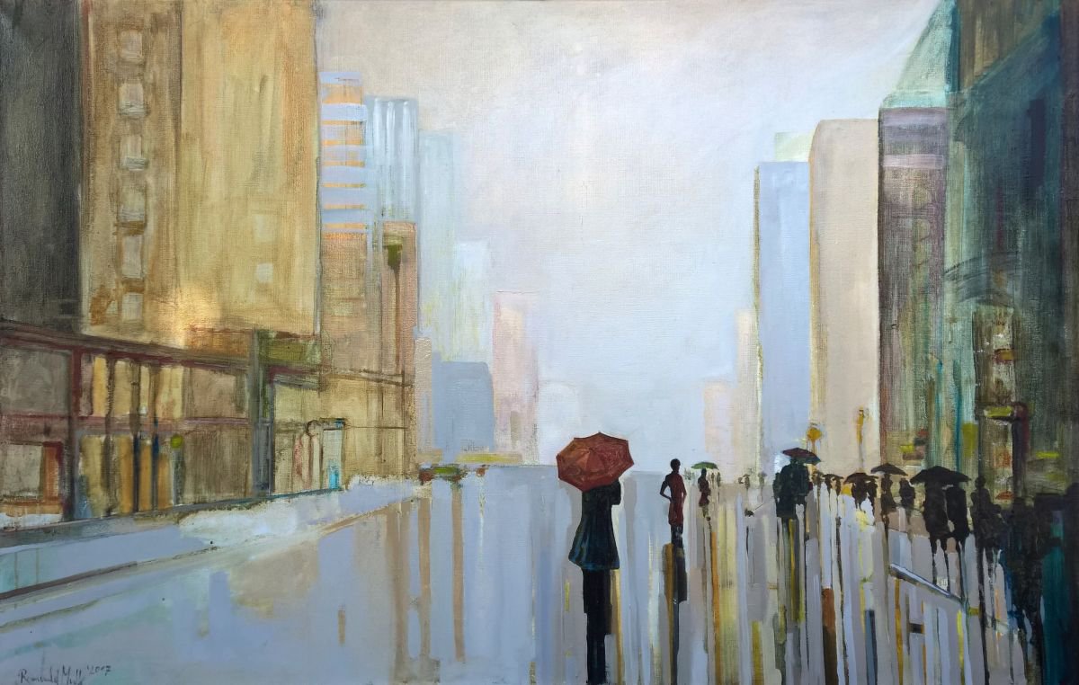 On rainy side of street Oil painting: Romuald Mulk Musiolik | Artfinder