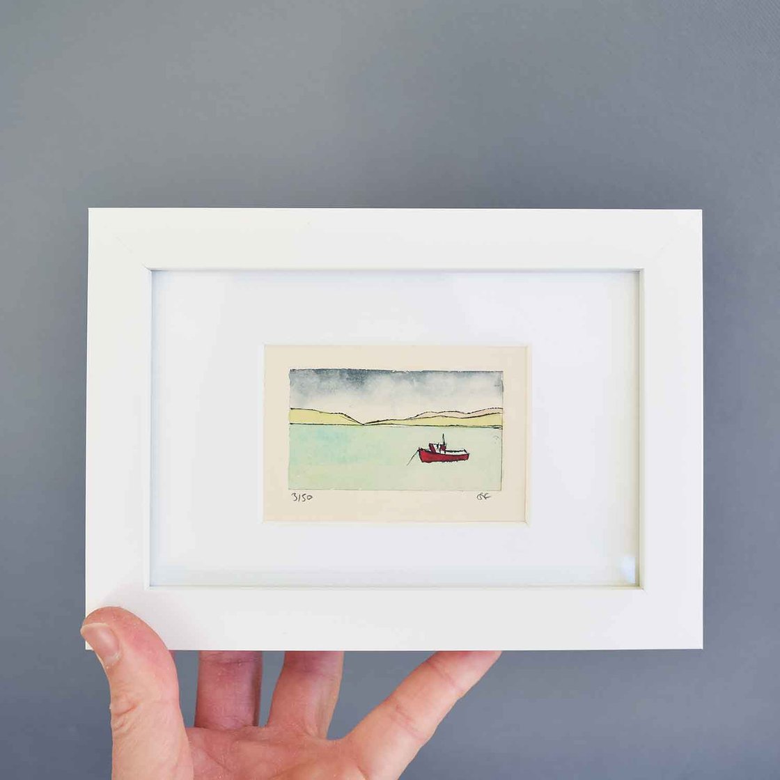 Small framed red fishing boat Collagraphs by Sally Fisher | Artfinder