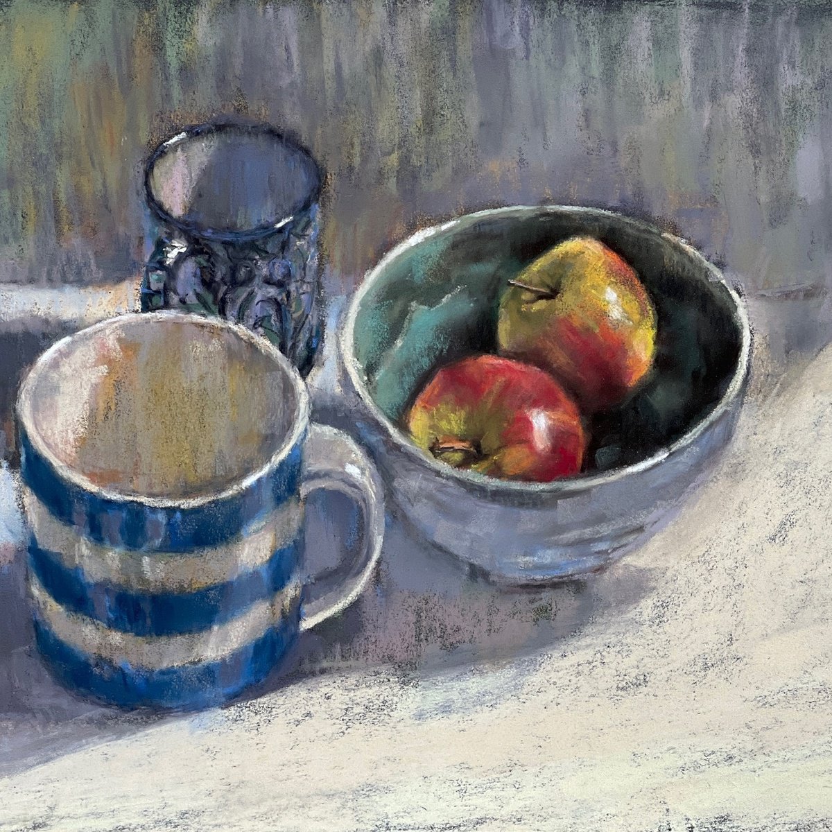 Apples and Cornishware Pastel drawing: Louise Gillard | Artfinder