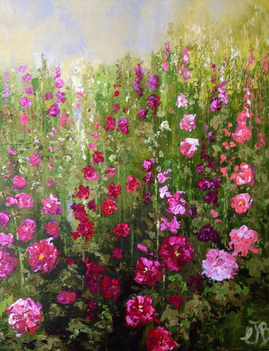 Hollyhocks Acrylic painting by Colette Baumback | Artfinder