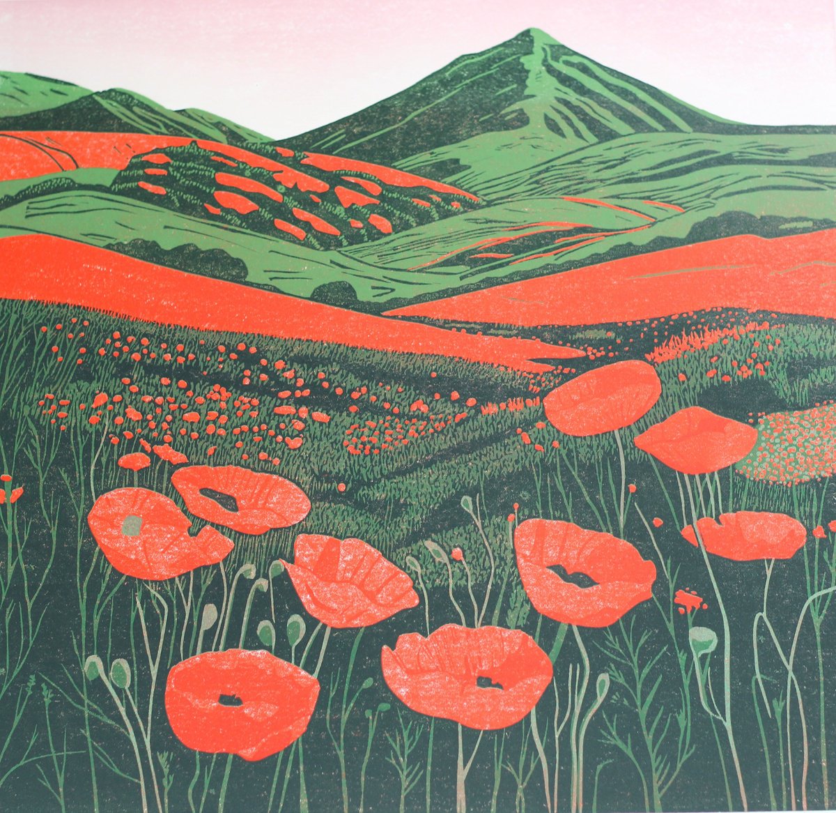 'Hillside Poppies in Bloom' Linocut: Layla Khani (aka Laylart) | Artfinder