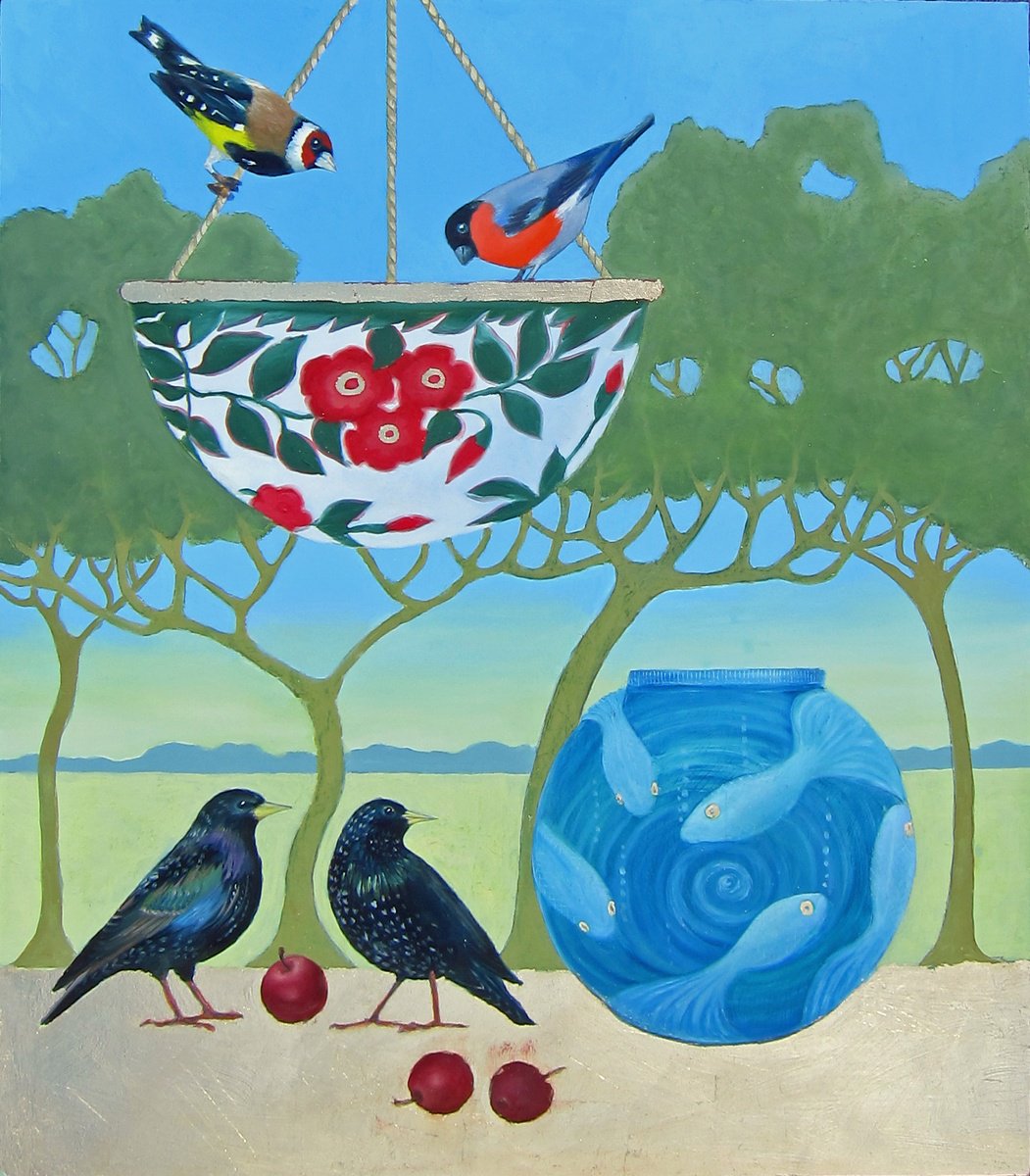 Two Starlings and Fish Bowl. Oil painting: Sophie Colmer-Stocker
