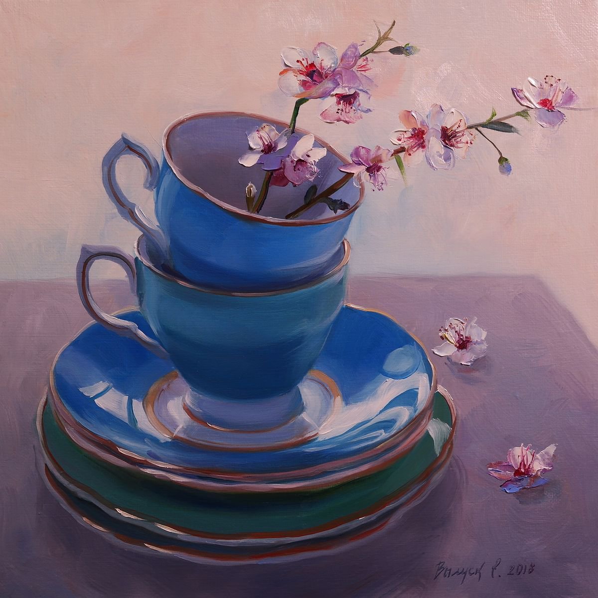 "Still Life with Cups and Flowering Branch" Oil painting: Lena Vylusk