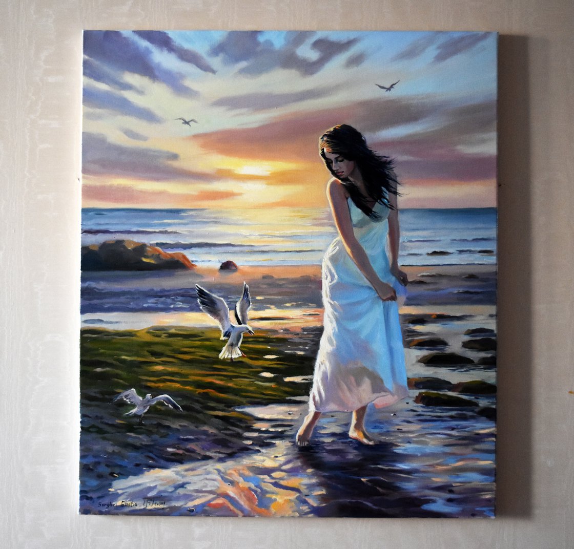 Walking on the beach, the annoying seagulls. Oil painting: Serghei Ghetiu | Artfinder