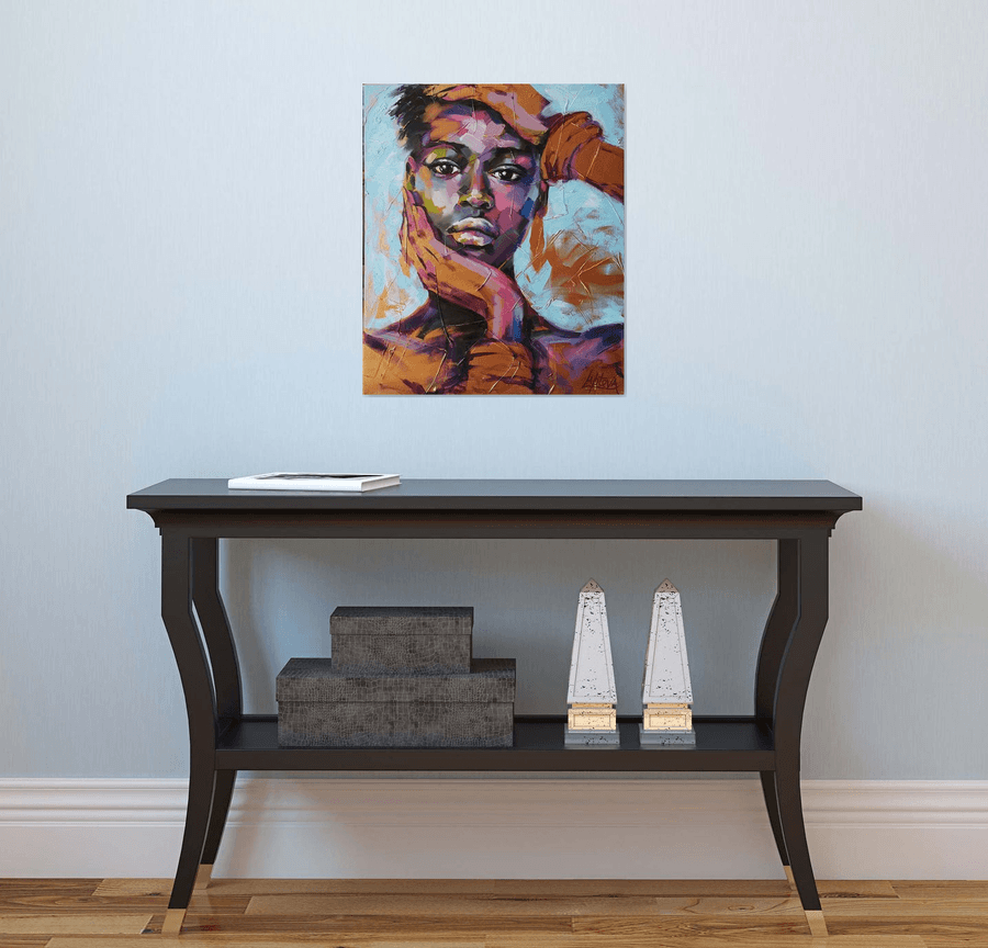 Abstract Portrait Of A Young African Girl Female Face Original Oil
