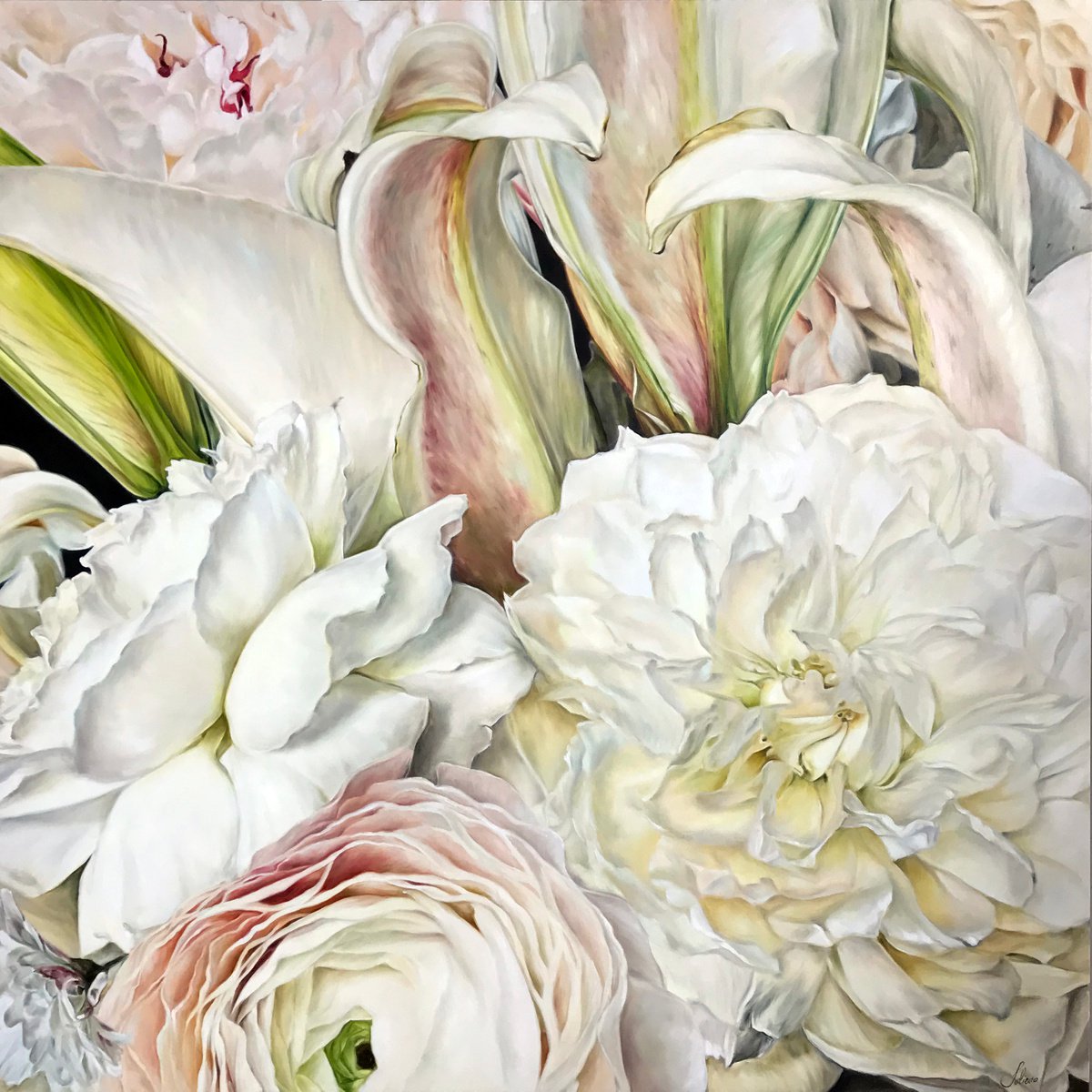 Large square oil painting with white flowers Dream 100x100 cm Oil ...