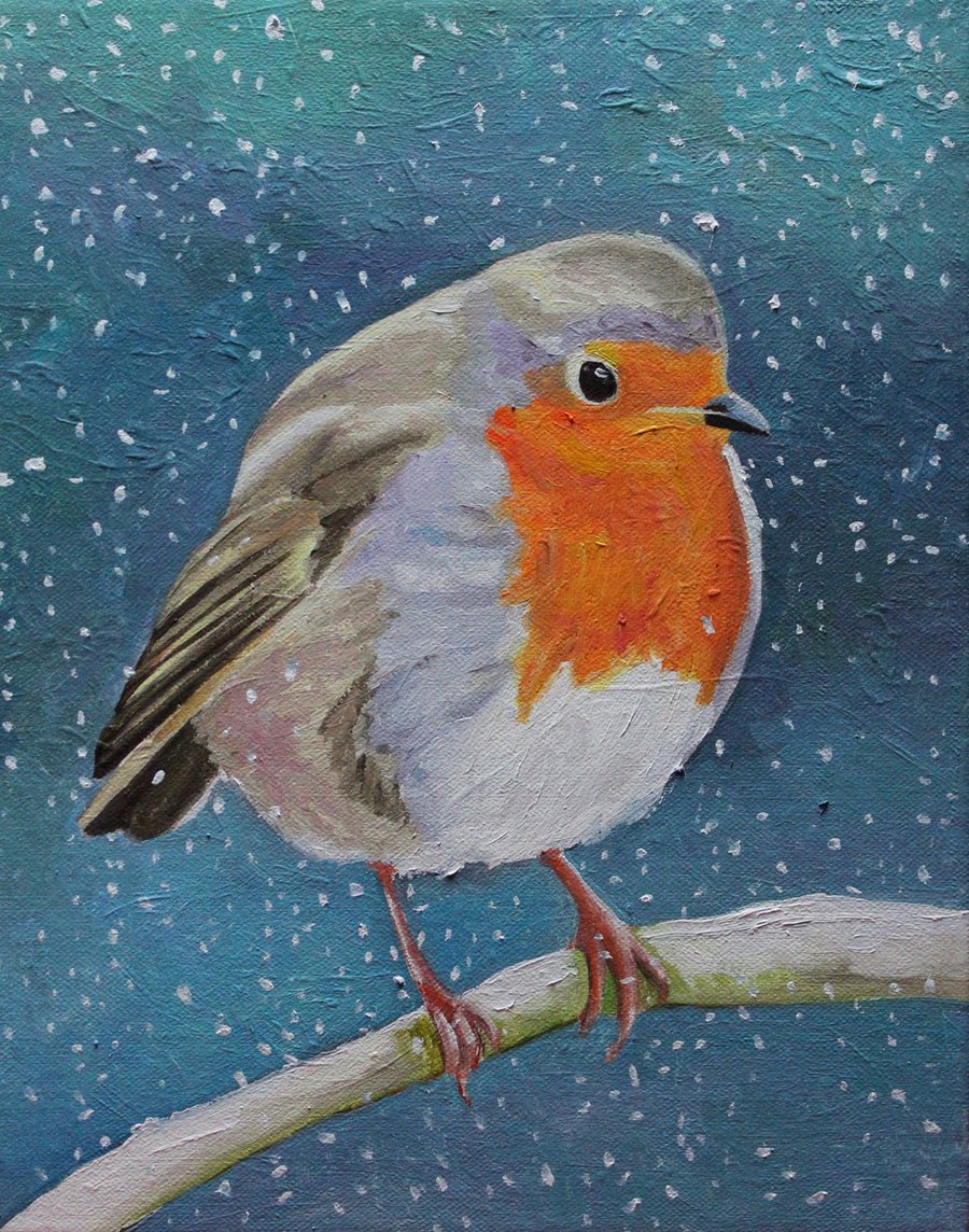 Robin In The Falling Snow Oil painting by Emma Cownie | Artfinder