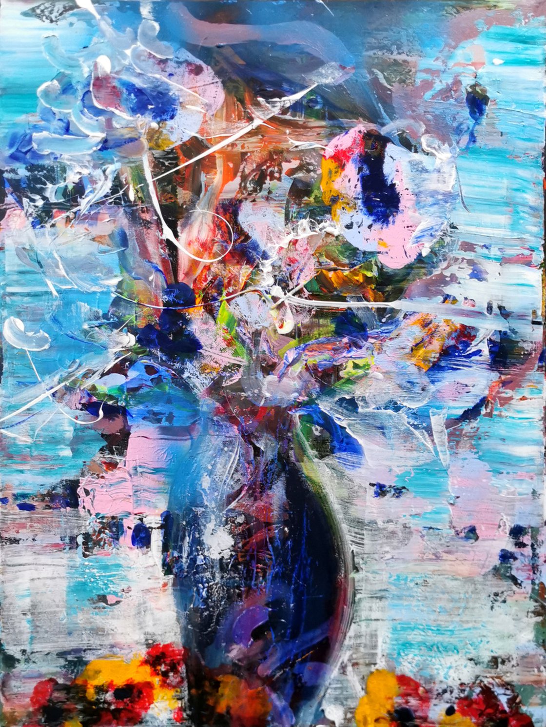 Melancholic spontaneous abstract large painting still life with blue ...