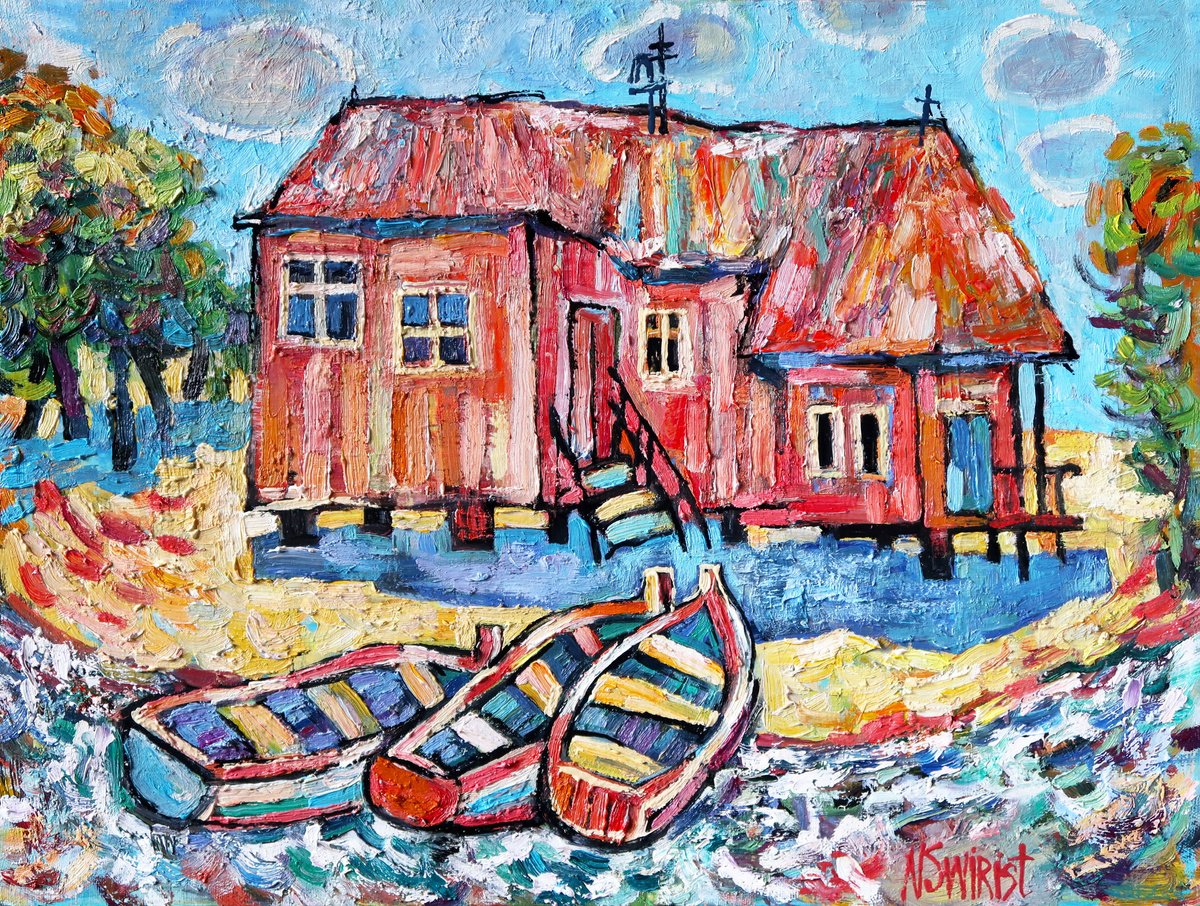 Sea, steppe and fishing boats. Oil painting: Nikifor Swiristuhin ...