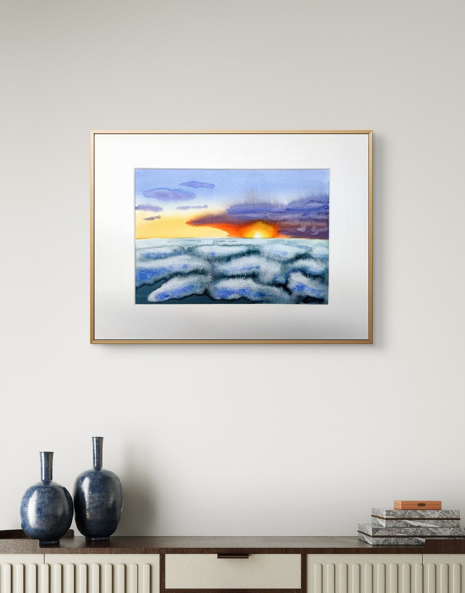 Sunrays over the Clouds Watercolour by Ion Sheremet | Artfinder