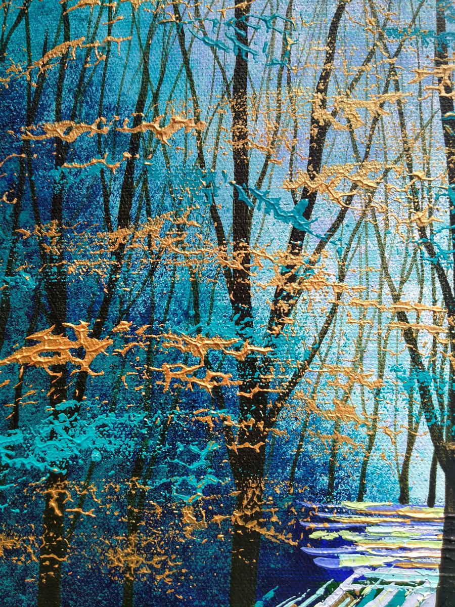 Golden Blue Forest Light Acrylic painting: Amanda Horvath | Artfinder