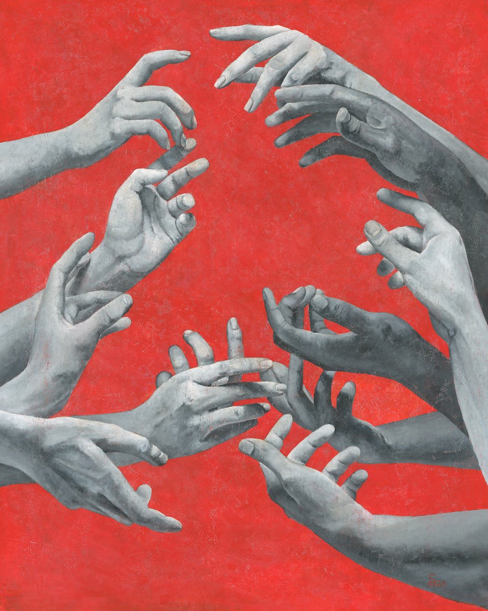 Infinity | Large Painting With Monochrome Hands On A Red Background ...