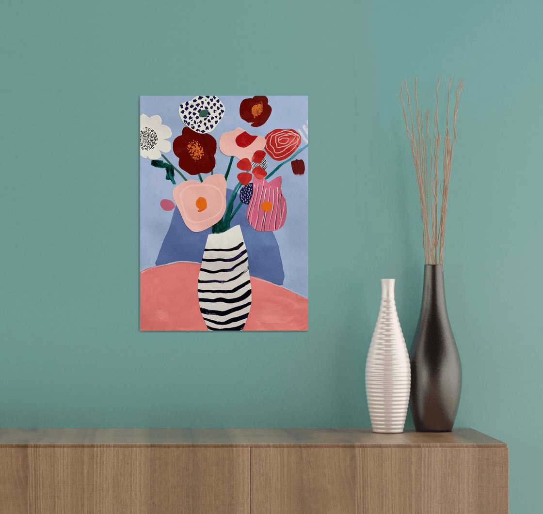 Original Collage - Pink Flowers on Pale Blue by Sasha Robinson