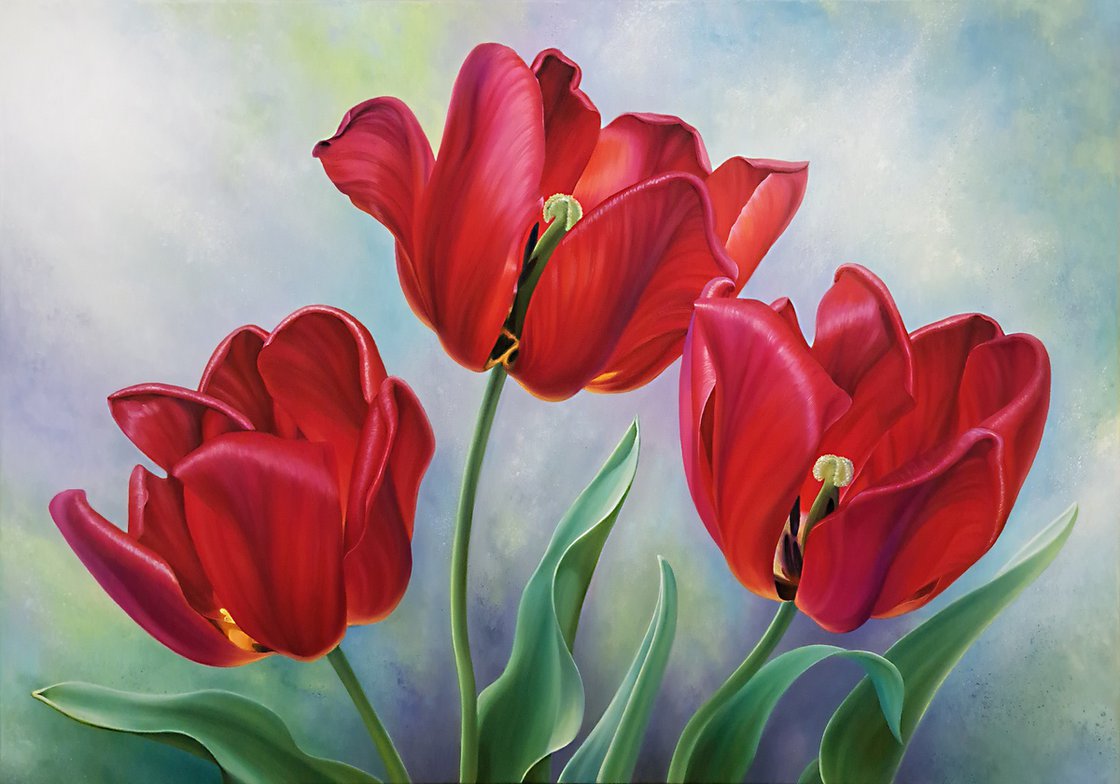 Original Oil Painting - "summertime", Red Tulips by Anna Steshenko