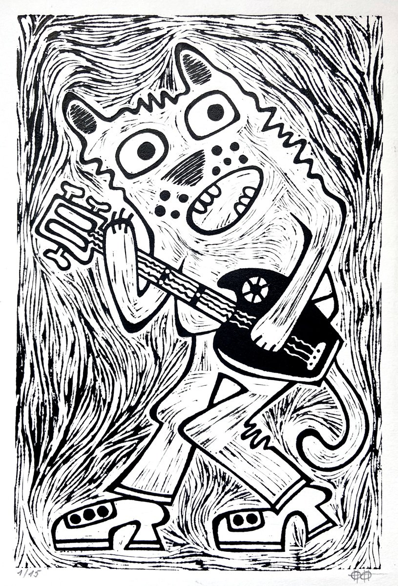 Сat with electric guitar Linocut: Nikita Ostapenco | Artfinder