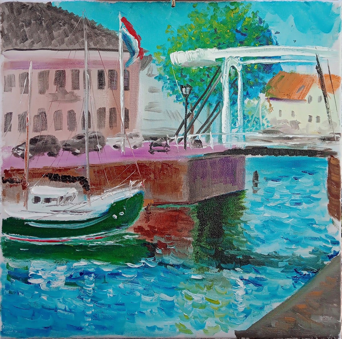 Yachts by the drawbridge in Goes, Nederland/ Plain air Oil painting ...