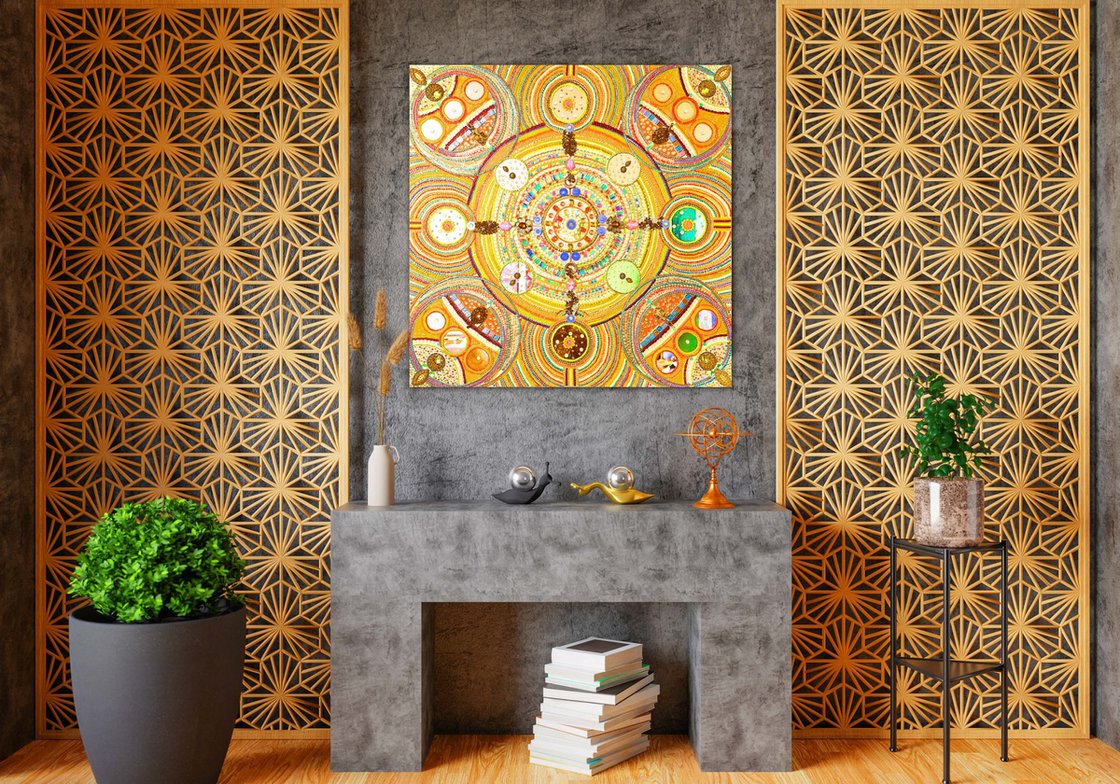 SUN - Golden abstract wall sculpture, decorative painting of ...