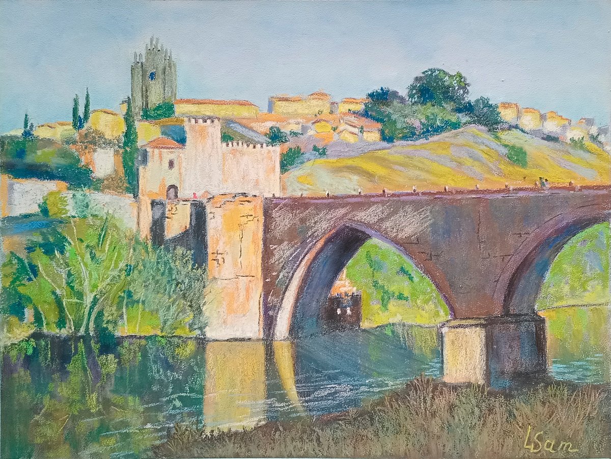 Sunlit Toledo's Town Bridge Pastel drawing: Liubov Samoilova | Artfinder