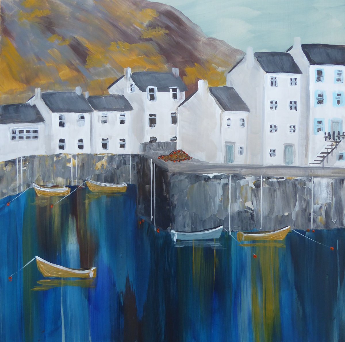 Polperro, autumn harbour Acrylic painting by Elaine Allender | Artfinder
