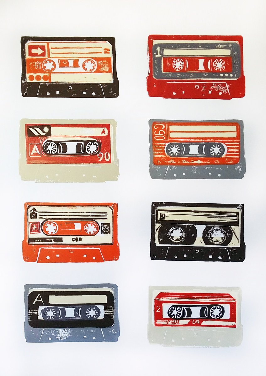 Linocut cassette tapes #66 Monoprint: Carolynne Coulson | Artfinder