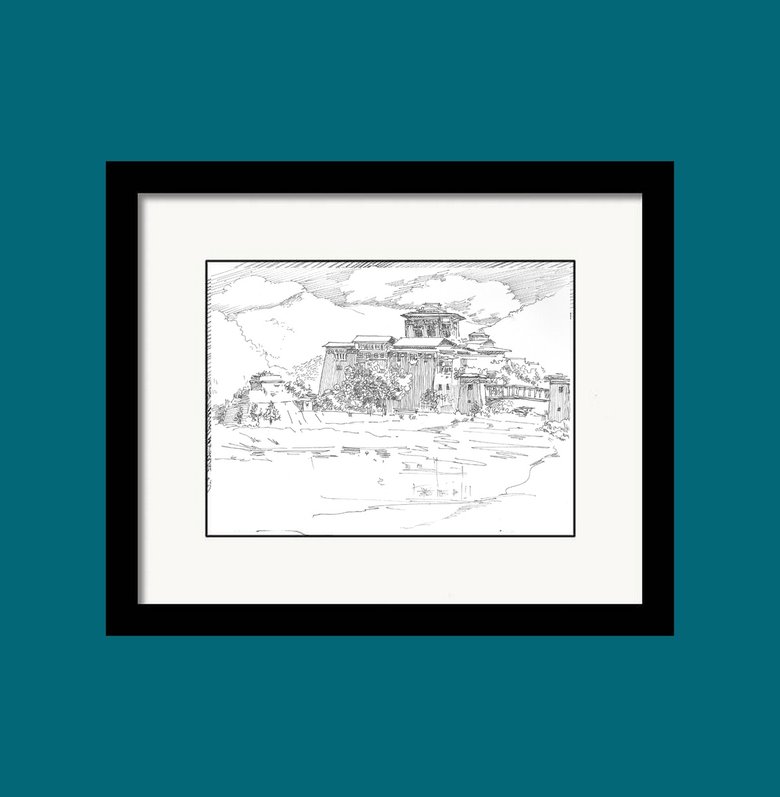 Original Ink Drawing - Rinpung Dzong Monastery Bhutan by Asha Shenoy