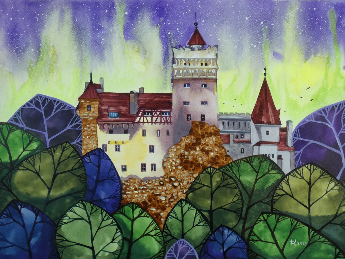Bran Castle With Aurora Mixed-media painting: Terri Smith | Artfinder