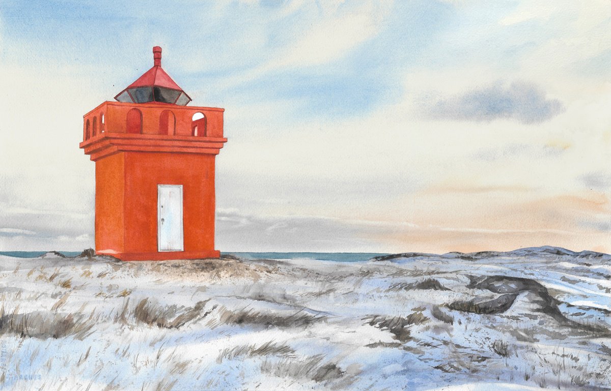 Orange Icelandic Lighthouse Watercolour: Tetiana Koda | Artfinder