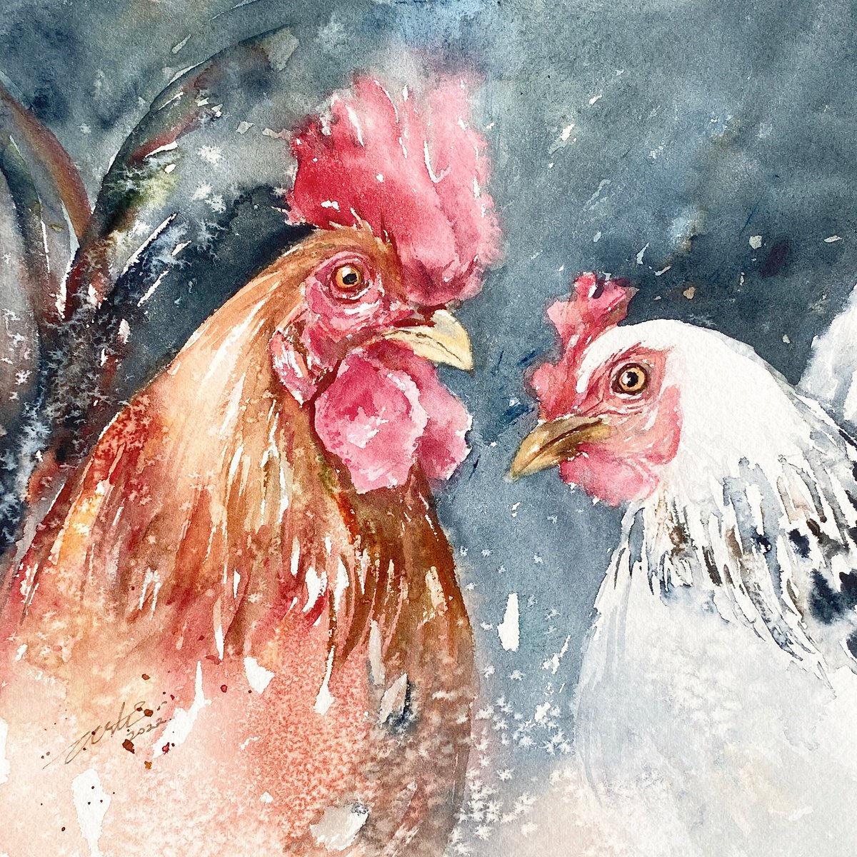 The Chat_ Roosters Watercolour: Arti Chauhan | Artfinder