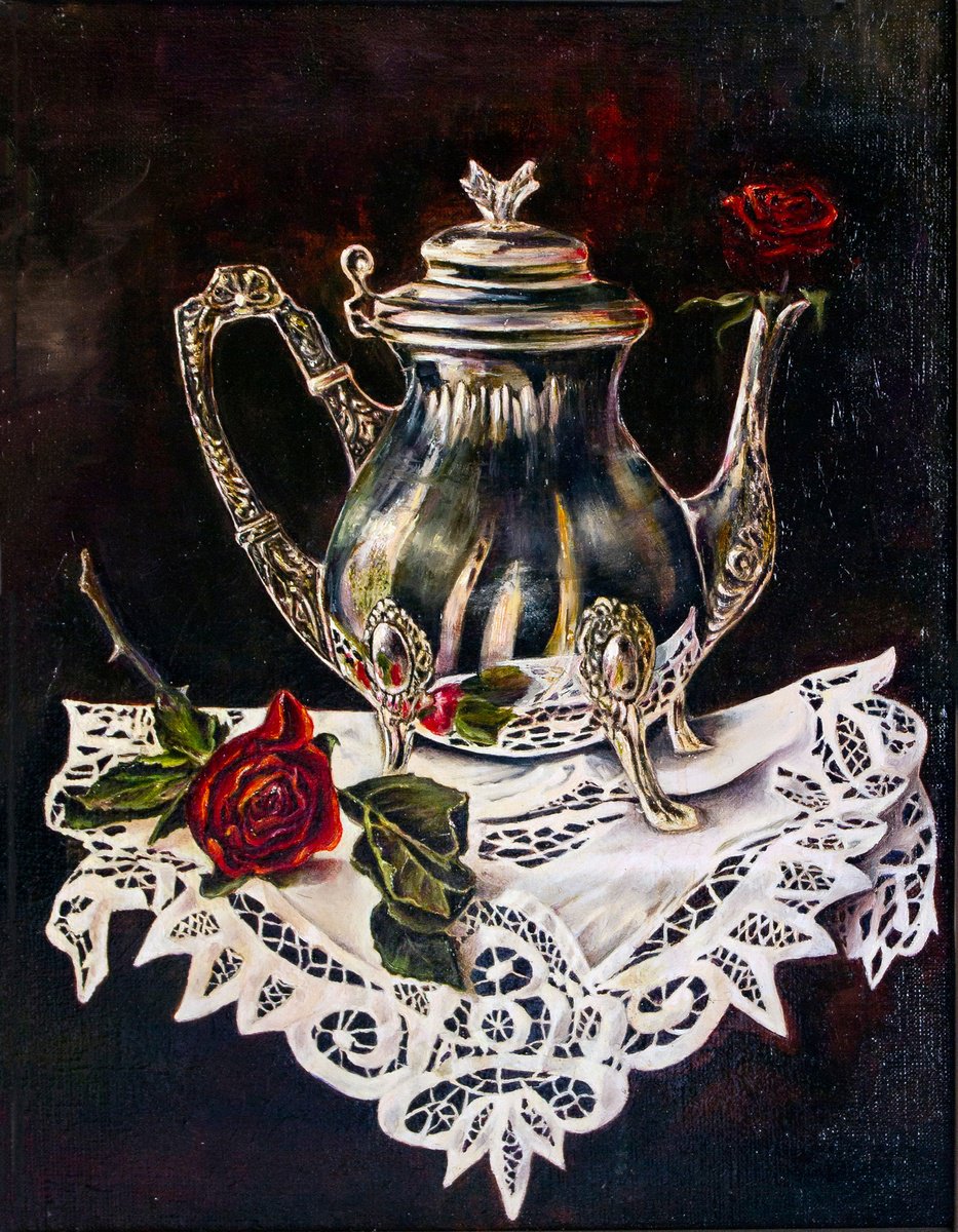 Silver coffee pot with roses Oil painting: Inga Loginova | Artfinder