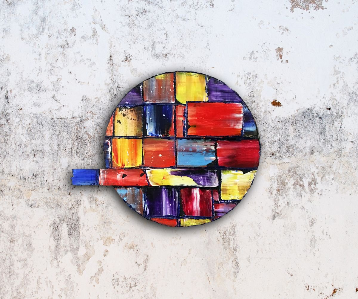 "Don't Be A Square" - Original Commissioned PMS Assemblage Sculptural Painting On Wood, Tondo ...