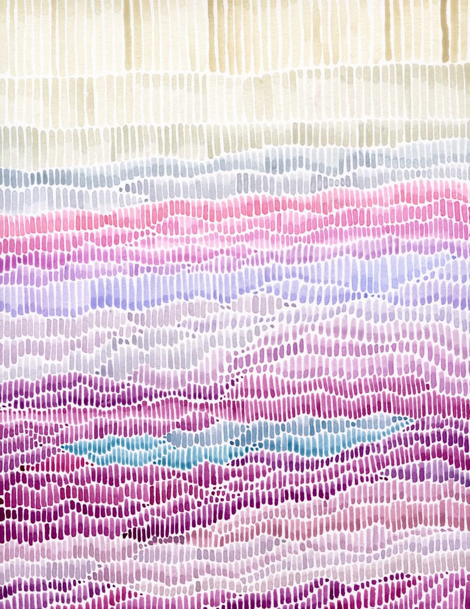 Watercolor original landscape painting in violet and pink colours ...