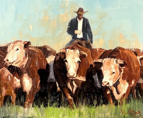 Cowboy Herding Cattle Oil painting by Paul Cheng | Artfinder