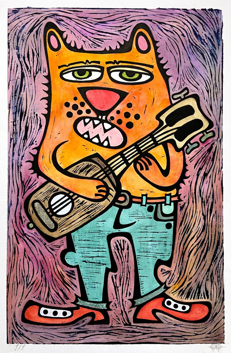 Сat with guitar, color #1 Linocut by Nikita Ostapenco | Artfinder