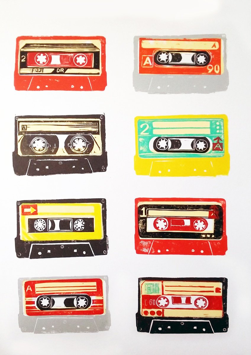 Linocut tapes #50 (cassette tapes, retro music, 70's, 80's rock culture ...