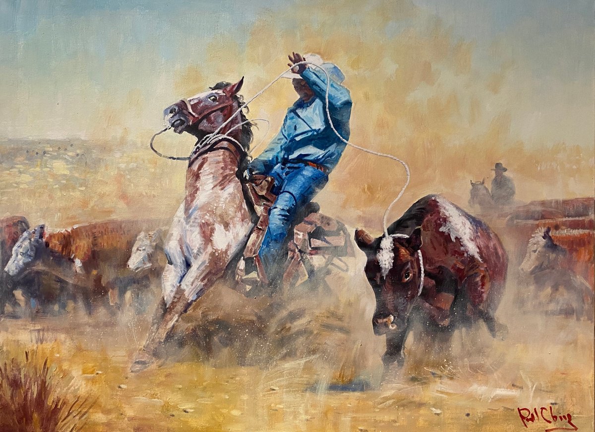 Roping A Steer Oil painting: Paul Cheng | Artfinder