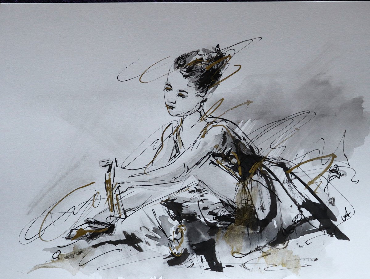 Original Ink Drawing - Capturing Fleeting Moments Series by Antigoni Tziora