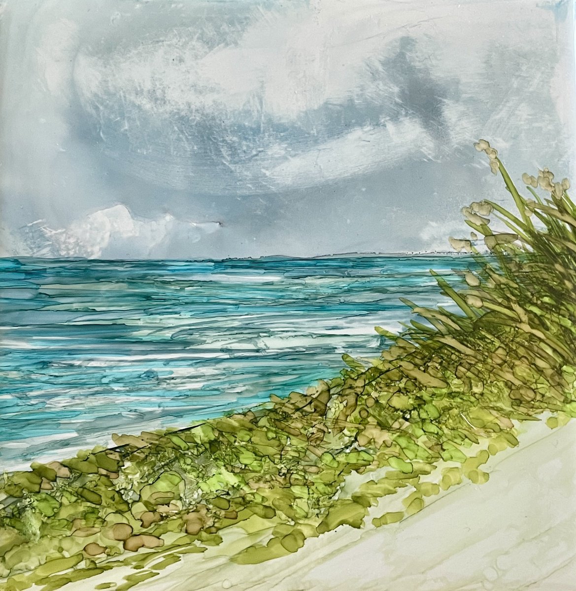 Original Alcohol Ink on Tile with Stand Seascape Beach Painting by ...