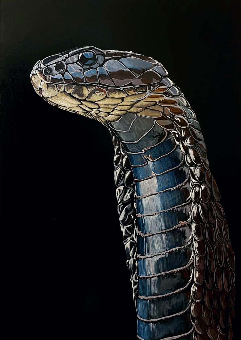 Original Oil Painting - King Cobra Portrait by Elena Adele Dmitrenko
