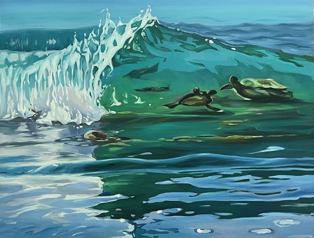THE EMERALD WAVE.TURTLES Oil painting: Guzel Min | Artfinder