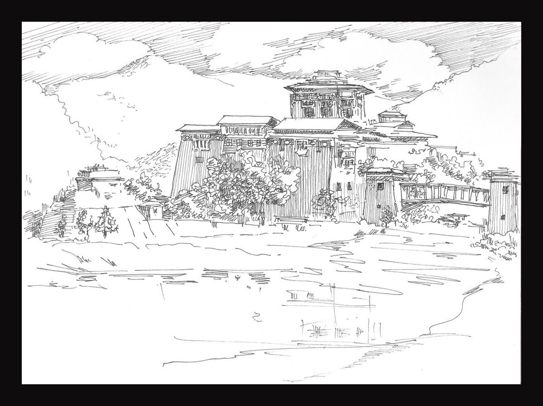 Rinpung Dzong Monastery Bhutan Ink drawing: Asha Shenoy | Artfinder