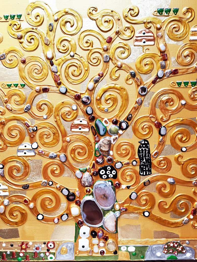 Tree of life Gustav Klimt. Precious stones golden relief painting Mixed ...