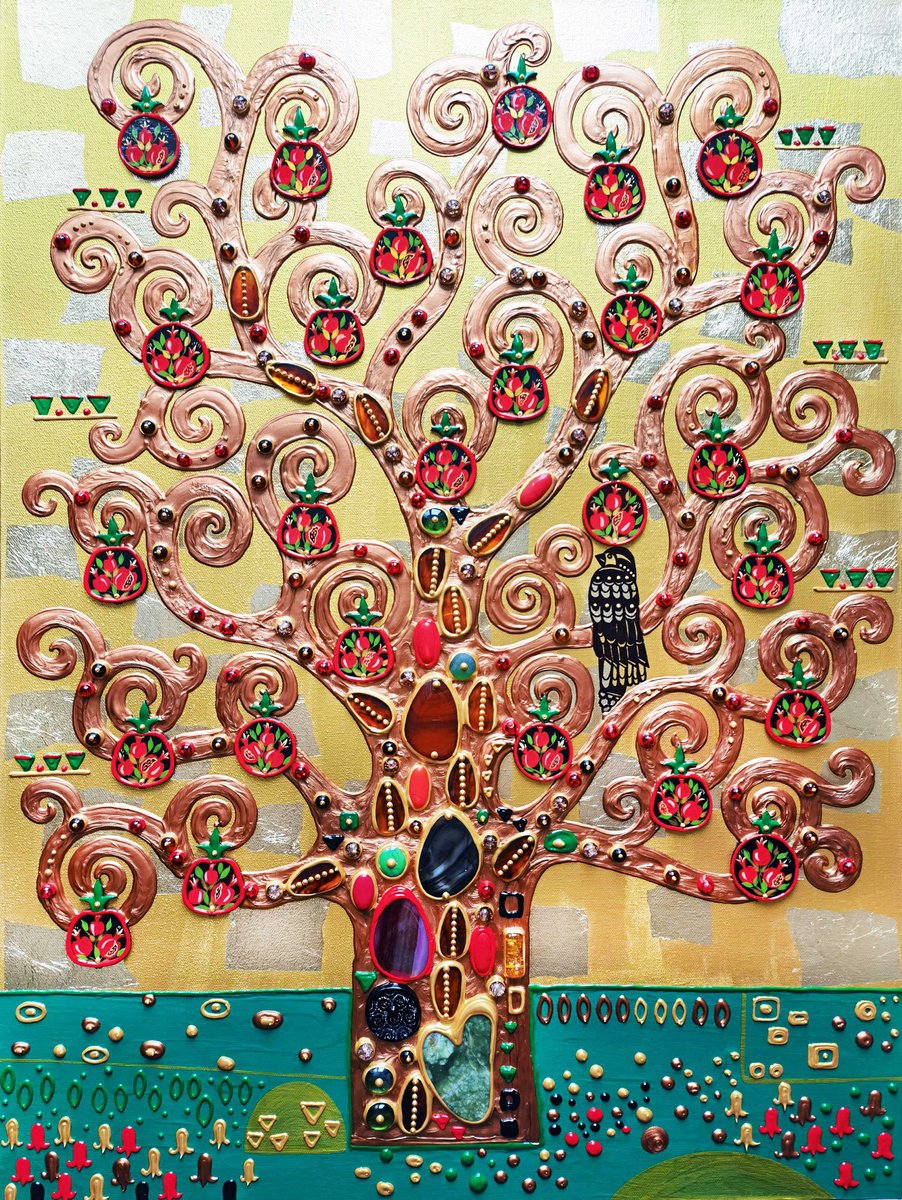 The Pomegranate Tree. Relief textured golden painting with precious ...