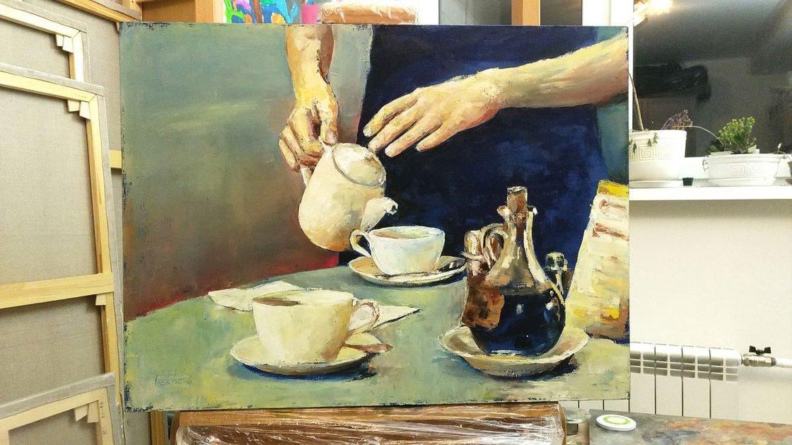 Tea time - still life with dishes, teapot and gentle touch Oil painting ...
