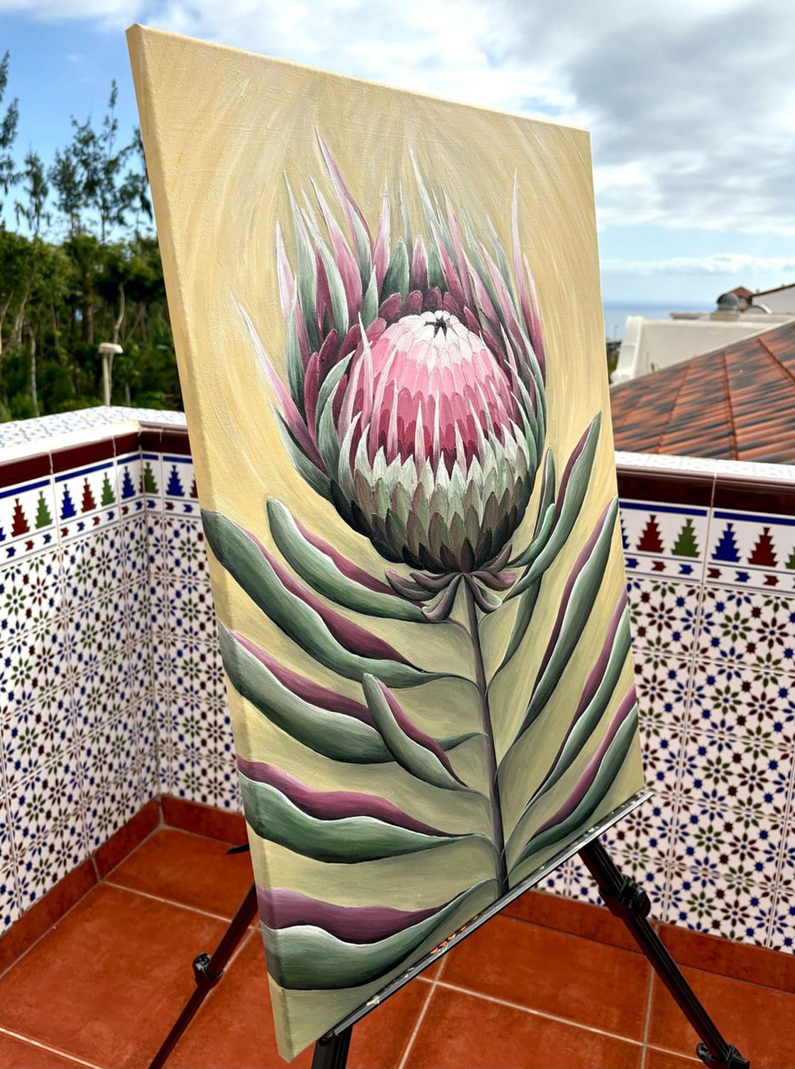 Original Acrylic Painting - TROPICAL PROTEA FLOWER by Maria Tuzhilkina