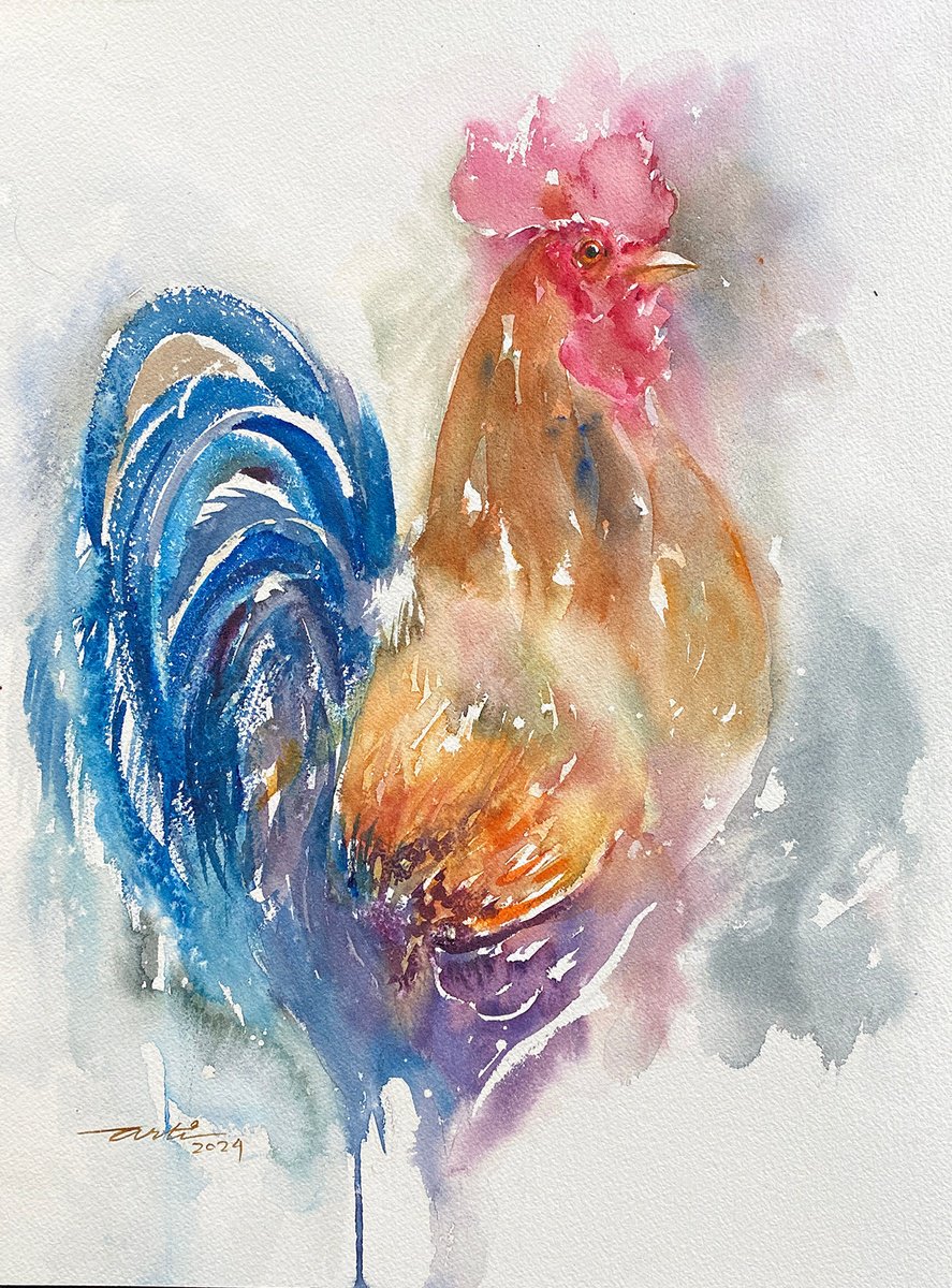 Blue tailed Rooster Max Watercolour: Arti Chauhan | Artfinder