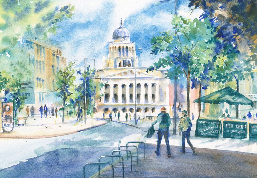 Nottingham cityscape Watercolour by Anjana Cawdell | Artfinder