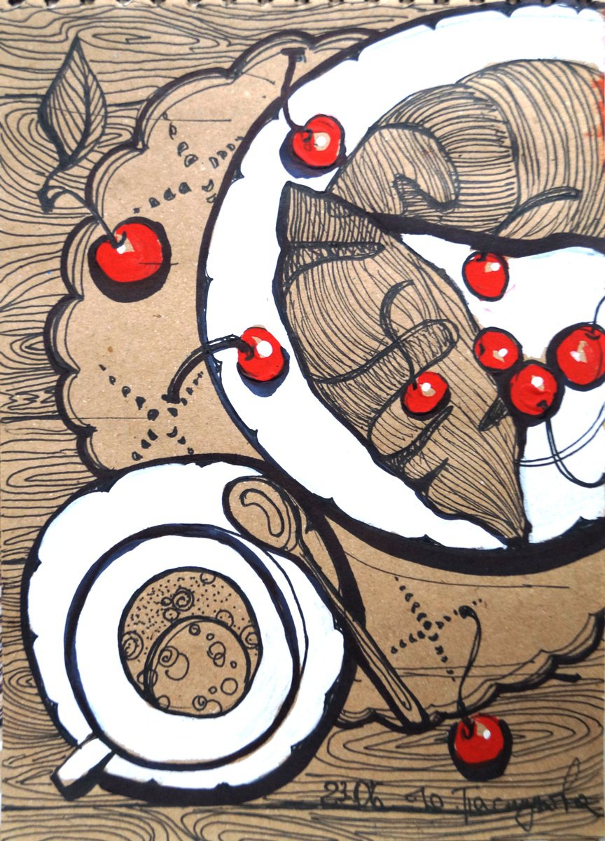 croissant with cherry Ink drawing: Yuliia Pastukhova | Artfinder