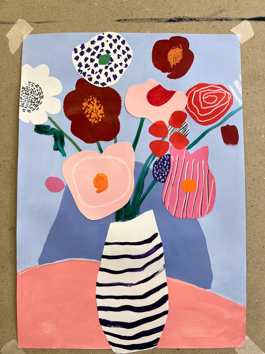 Original Collage - Pink Flowers on Pale Blue by Sasha Robinson
