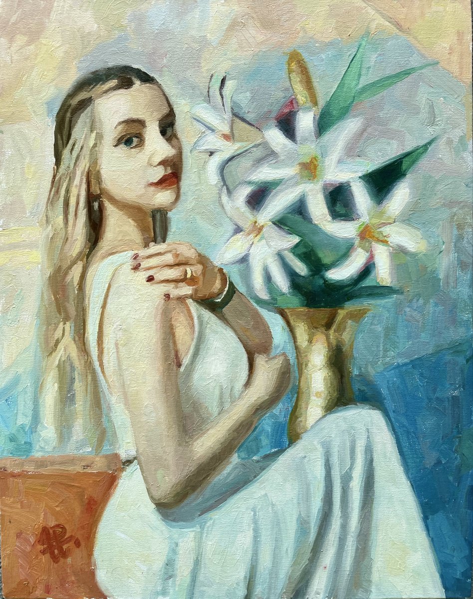 Julia with Lily flowers Oil painting: Andres Portillo | Artfinder